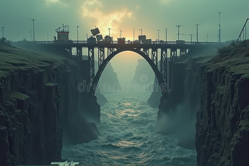 Sunrise Over Dramatic Canyon with Steel Bridge and Flowing River Stock ...