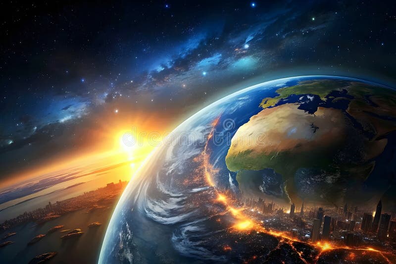 Sunrise Over Earth with City Lights and Continents Visible Stock ...