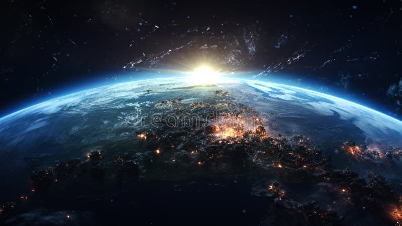 Sunrise Over the Earth. Globe with City Night Lights. View of Planet ...