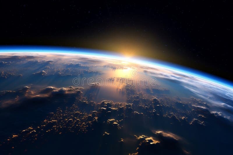 Sunrise Over Earth Planet with Satellite Viewed from Space. AI Stock ...