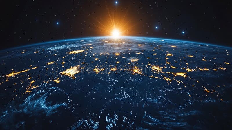 Sunrise Over Earth, Showing City Lights and Starry Space Stock ...