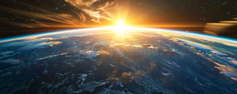 Sunrise Over Earth from Space, Bright Horizon, Panoramic View. Cosmic ...