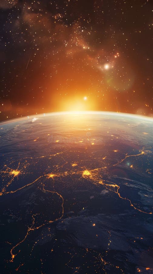 Sunrise Over Earth from Space with City Lights and Starry Sky Stock ...