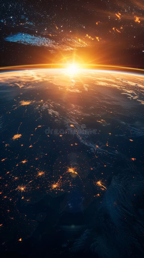 Sunrise Over Earth from Space, Illuminated City Lights, Celestial View ...
