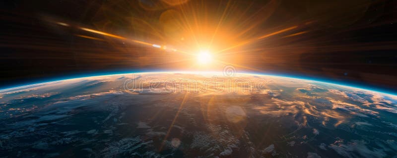 Sunrise Over Earth from Space with Shining Rays, Panoramic View ...