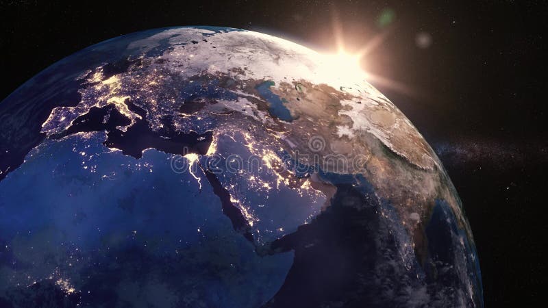 Sunrise Over the Earth. Globe with City Night Lights. View of Planet ...