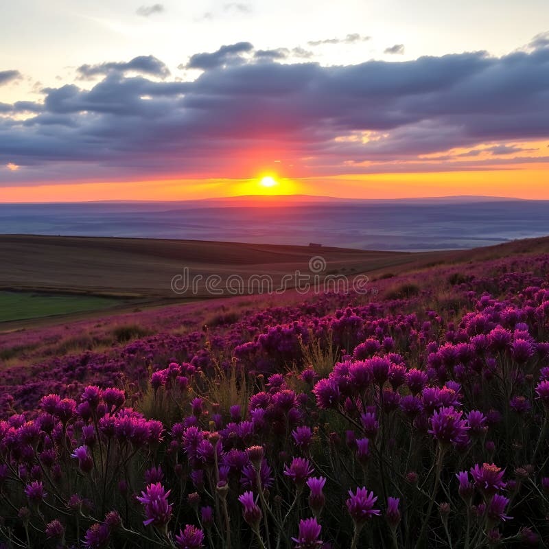 Sunrise Over English Heather-Covered Moorlands Stock Illustration ...