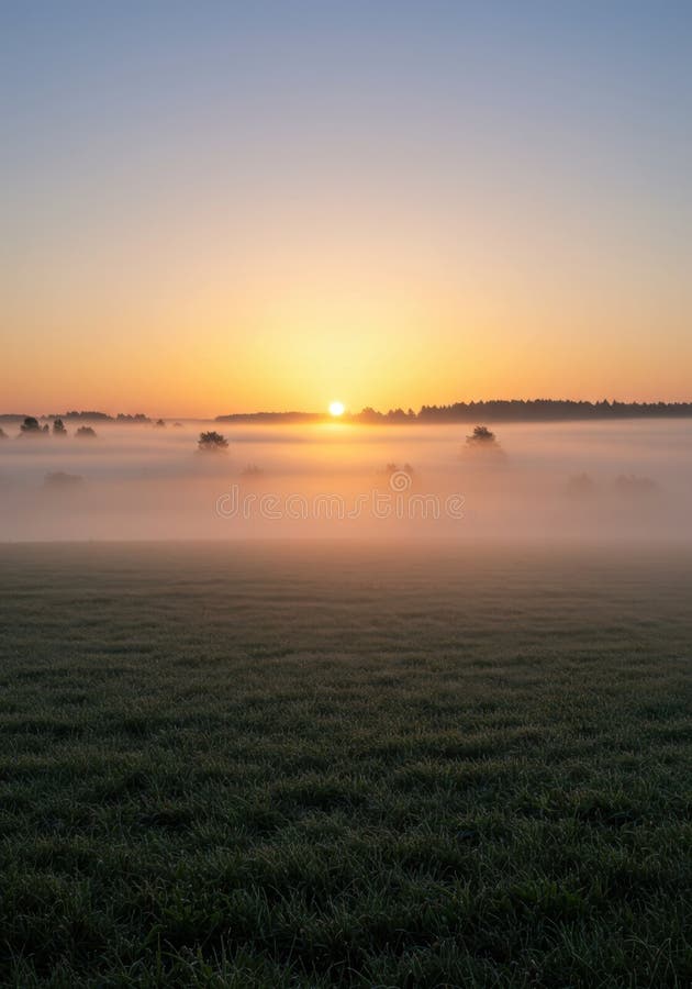 Sunrise over a Foggy Field stock illustration. Illustration of grass ...