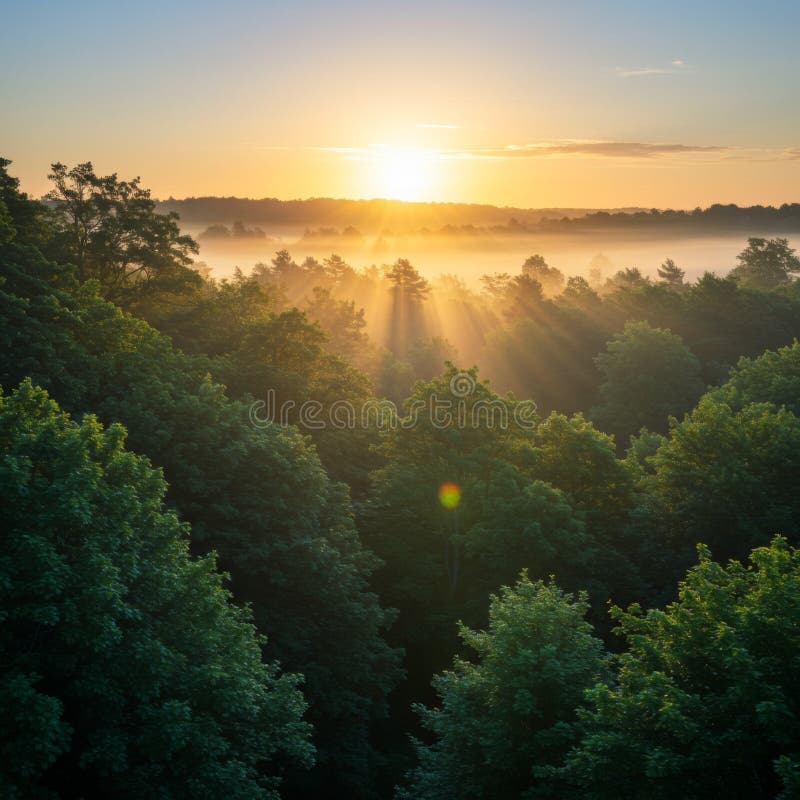 Sunrise Over Foggy Forest Landscape Stock Illustration - Illustration of yellow, landscape ...