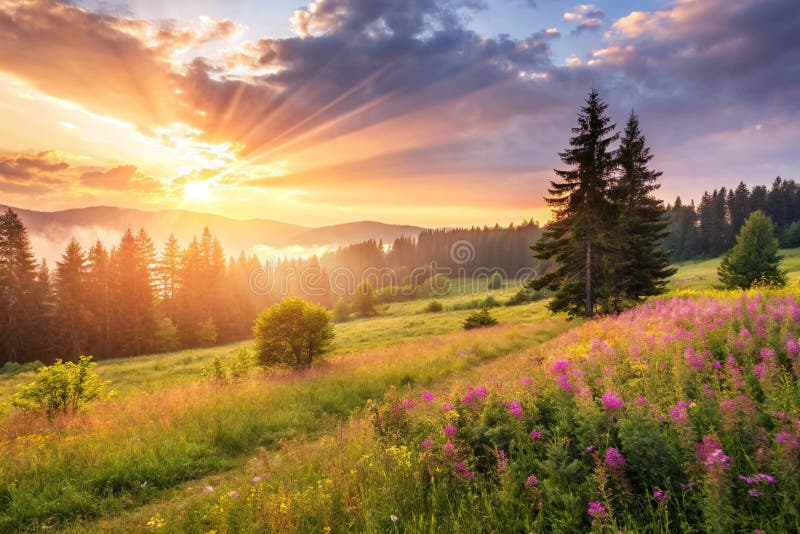 Sunrise Over Forest and Meadow Landscape with Golden Light Stock ...