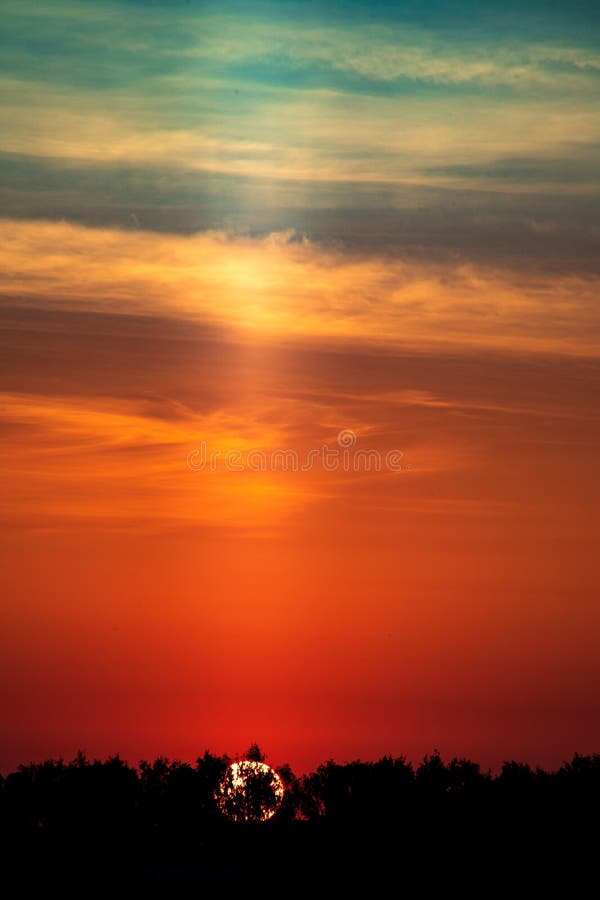Sunrise Over Forest in Village Landscape. Vertical View. Stock Photo ...