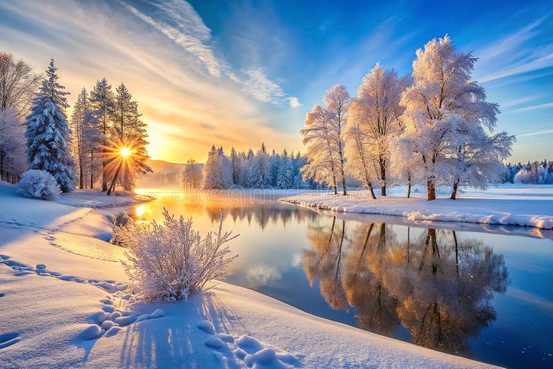 Sunrise Over Frosty Winter River and Trees Stock Illustration ...