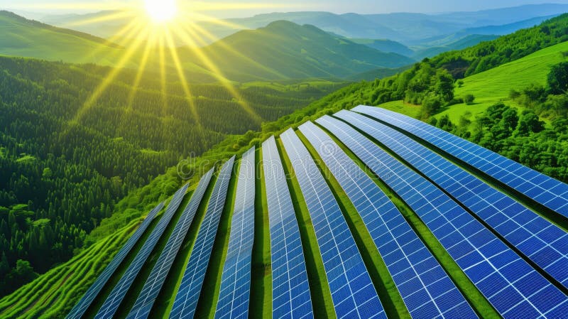 Sunrise Over Green Hills with Rows of Solar Panels Generating Renewable ...