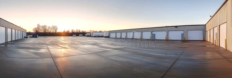 Sunrise Over Industrial Park Warehouse Loading Docks Empty Parking Lot ...