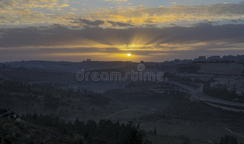 Sunrise over Jerusalem stock photo. Image of buildings - 142127226