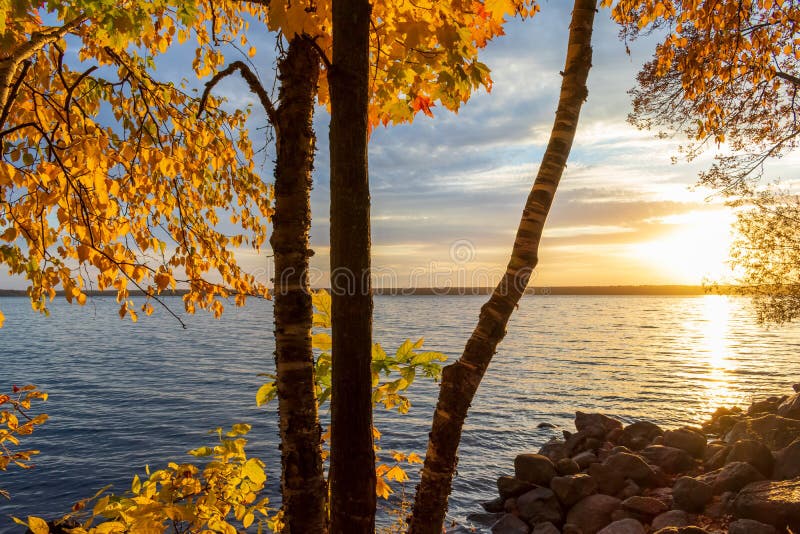 Sunrise Over a Lake in Autumn Stock Image - Image of environment, lake ...