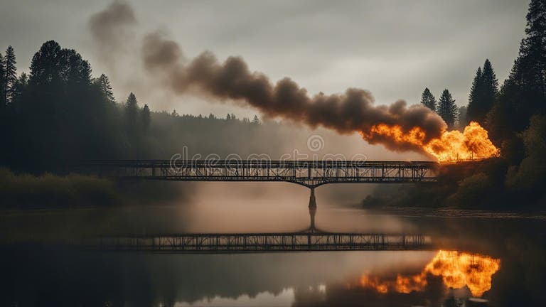 Sunrise Over Lake a Burning Train on Fire, Exploding, that Crosses a ...