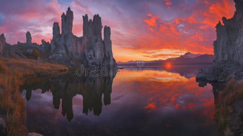 Sunrise Over Lake with Stone Castle Ruins Reflection Stock Illustration ...