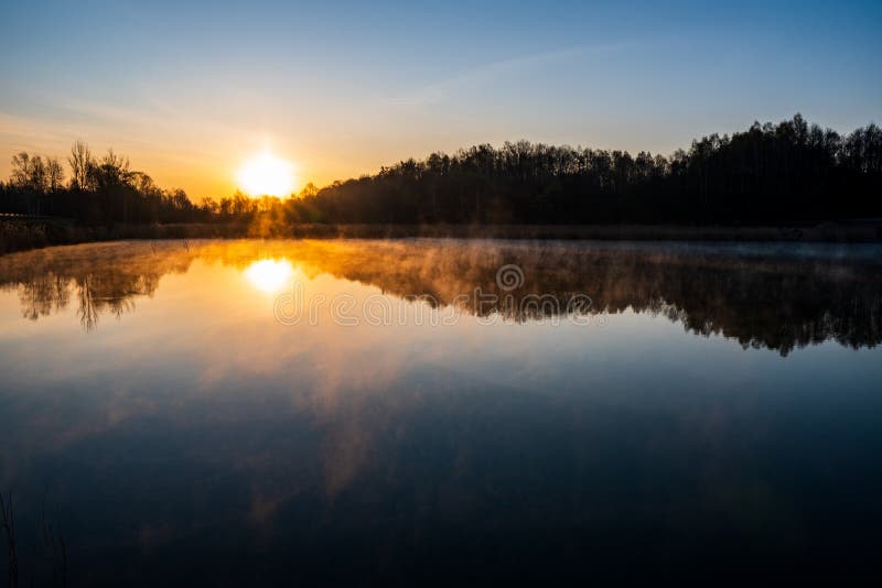 Sunrise Over the Lake with Tree Reflection and Beautiful Fog Stock ...