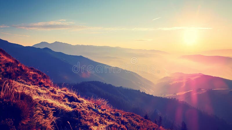Sunrise Over Layered Mountain Ranges with a Gradient Sky and Light Rays ...