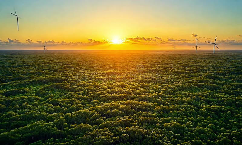 Sunrise Over a Lush Forest with Wind Turbines Stock Footage - Video of ...
