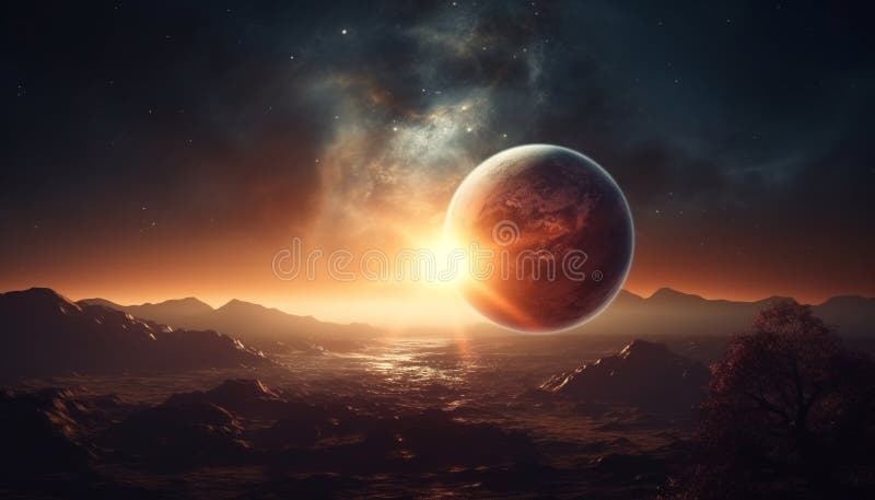 Sunrise Over Majestic Mountain Range, Orbiting Sphere in Futuristic ...