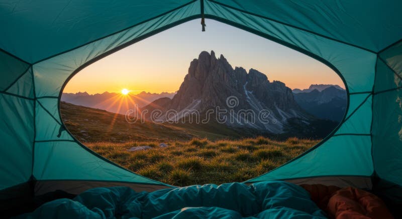Sunrise Over Majestic Mountain Range Viewed from Inside a Tent Stock ...