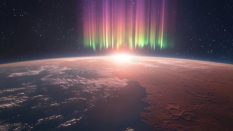 Sunrise Over Mars with Vibrant Aurora Borealis Stock Illustration ...