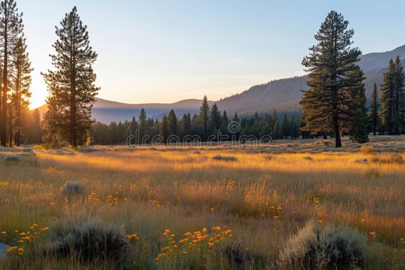 Sunrise Over Meadow with Wildflowers and Pine Trees, Serene Landscape ...