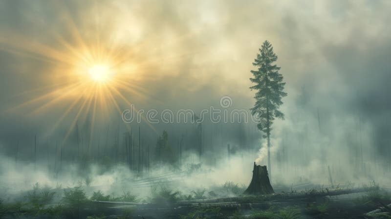 Sunrise Over Misty Burnt Forest Stock Illustration - Illustration of ...