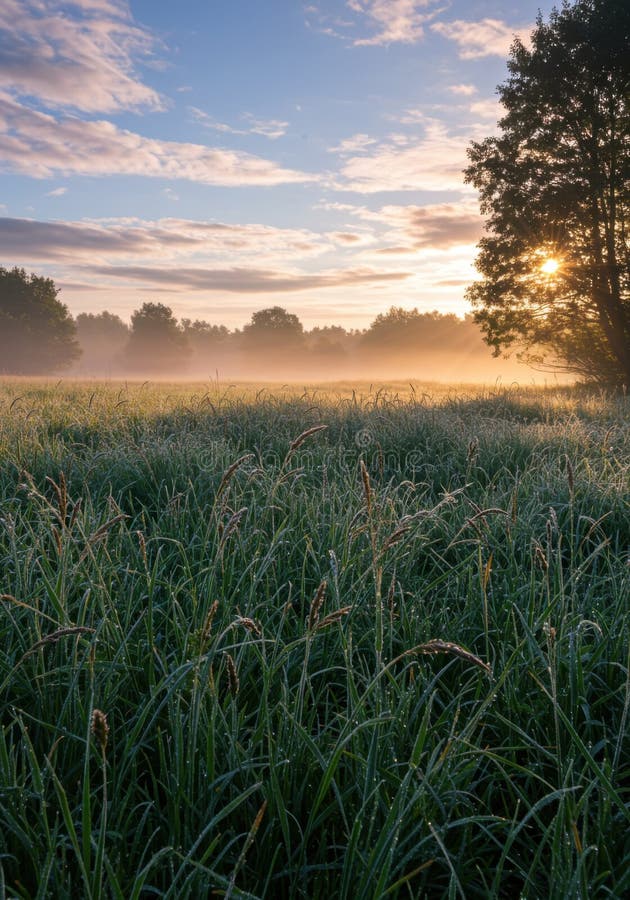 Sunrise Over a Misty Field with Dew-Covered Grass Stock Illustration ...