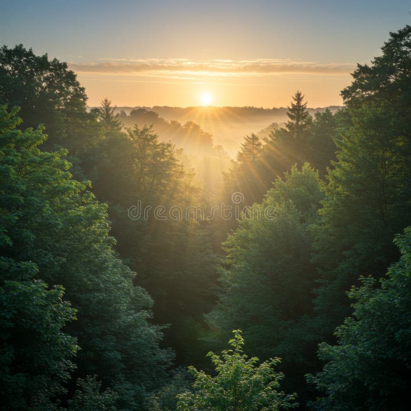 Sunrise Over Misty Forest Landscape Stock Illustration - Illustration of light, serene: 379150855