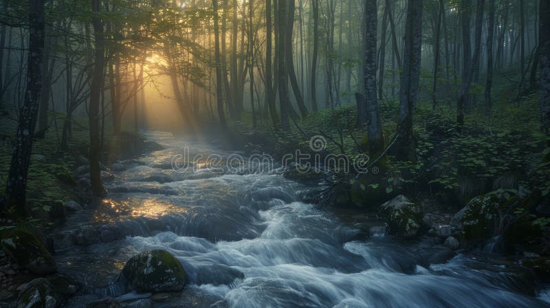 Sunrise Over Misty Forest Stream Stock Illustration - Illustration of ...