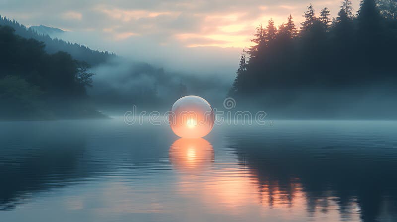 Sunrise Over Misty Lake with Reflective Sphere Stock Illustration ...