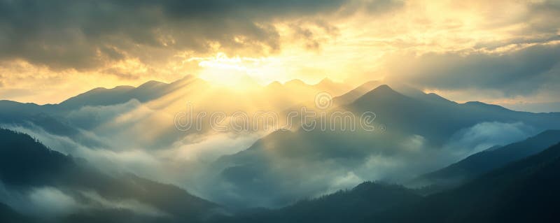 Sunrise Over Misty Mountain Range with Rays of Light, Serene Landscape ...