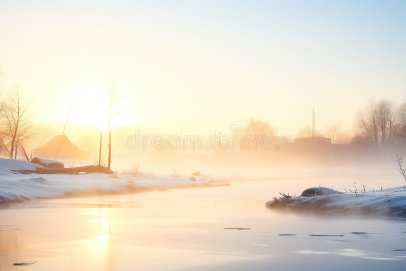 Sunrise Over a Misty, Partially Frozen River Stock Image - Image of ...