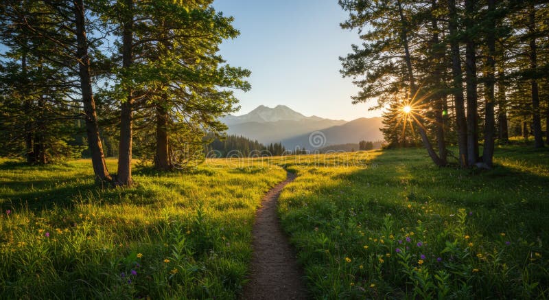 Sunrise Over Mountain Meadow Trail Stock Illustration - Illustration of ...