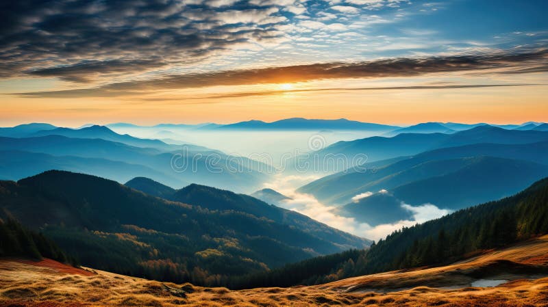Sunrise Over Mountain Range Stock Illustration - Illustration of trees ...