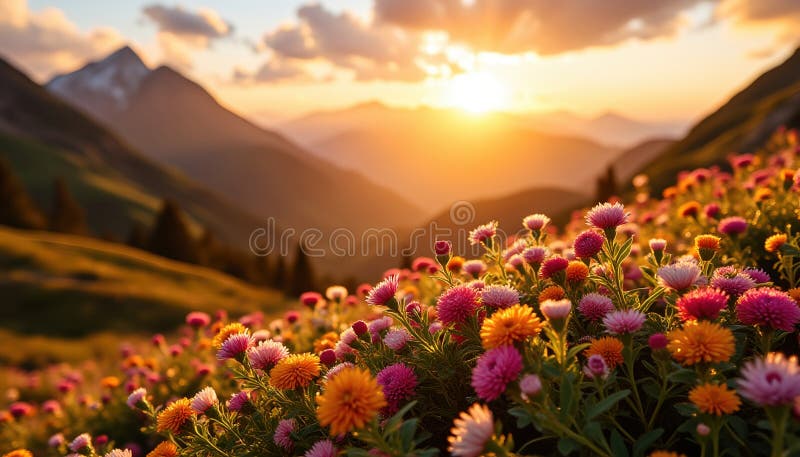 Sunrise Over Mountain Valley Shown in Realistic Compositing Style Stock ...