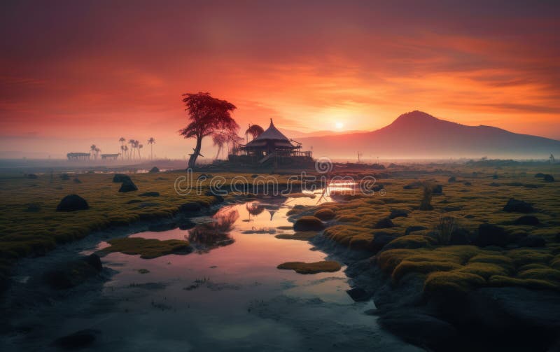 Sunrise Over Mountains and a Stream. Created by Generative Artificial ...