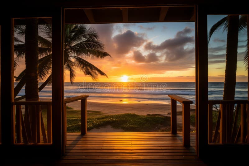 Sunrise Over Ocean from Cozy Beach House Stock Illustration ...