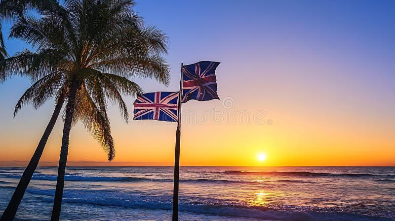 Sunrise Over Ocean with UK Flags and Palm Trees Stock Image - Image of ...