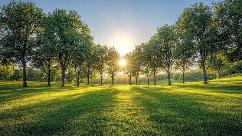 Sunrise Over Park Trees, Green Grass, Nature Scene Stock Illustration ...