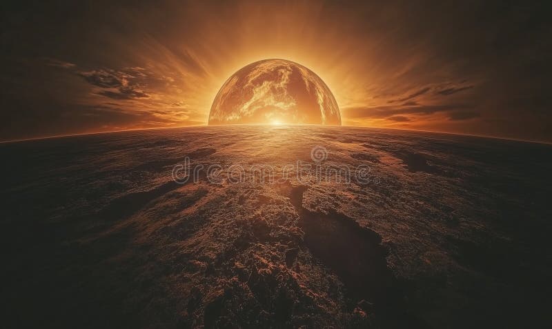 Sunrise Over Planet Surface, Dramatic Lighting, Warm Colors, Textured ...