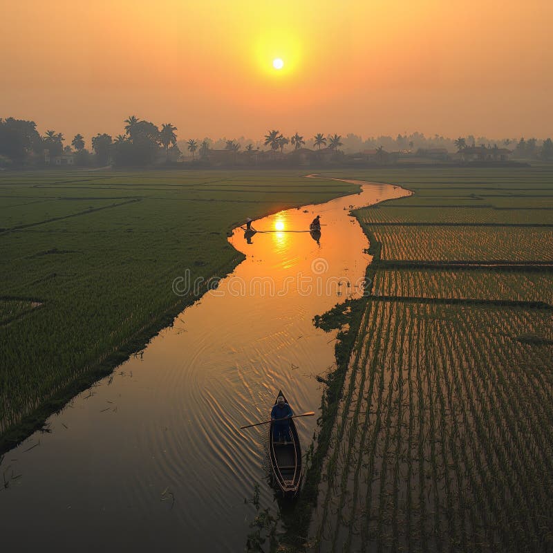 Sunrise Over Rice Fields with Buat on River Canal Stock Image - Image ...