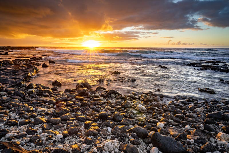 Sunrise Over the Rocky Beach in Oahu, Hawaii. Stock Image - Image of ...