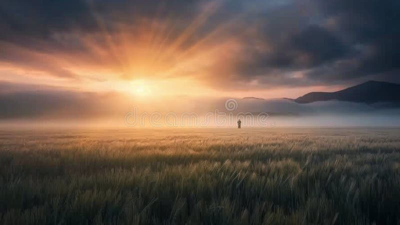 Sunrise Over Rolling Hills with Rays Illuminating Golden Fields Stock ...