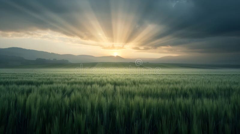 Sunrise Over Rolling Hills with Rays Illuminating Golden Fields Stock ...