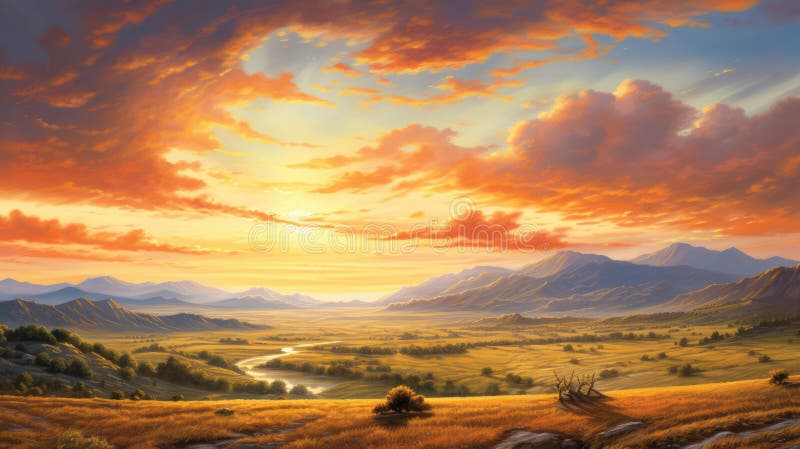 Sunrise Over Rolling Plains Watercolor Illustration - Generative AI ...
