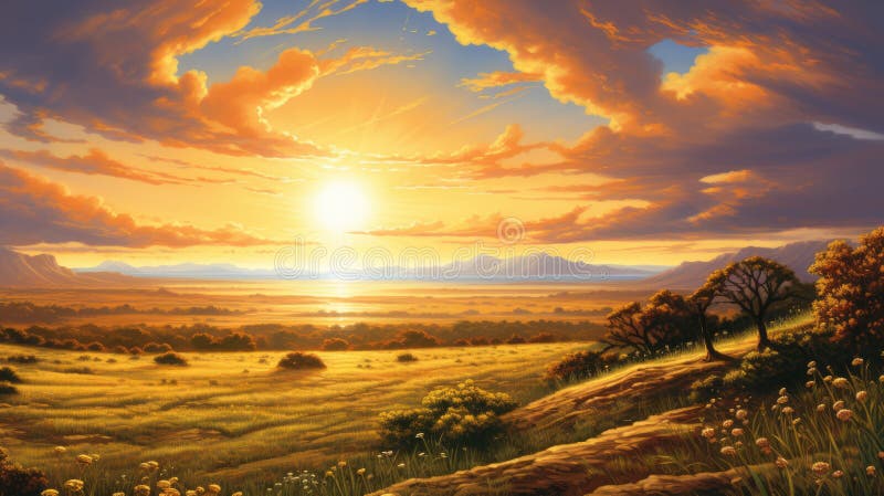 Sunrise Over Rolling Plains Watercolor Illustration - Generative AI ...